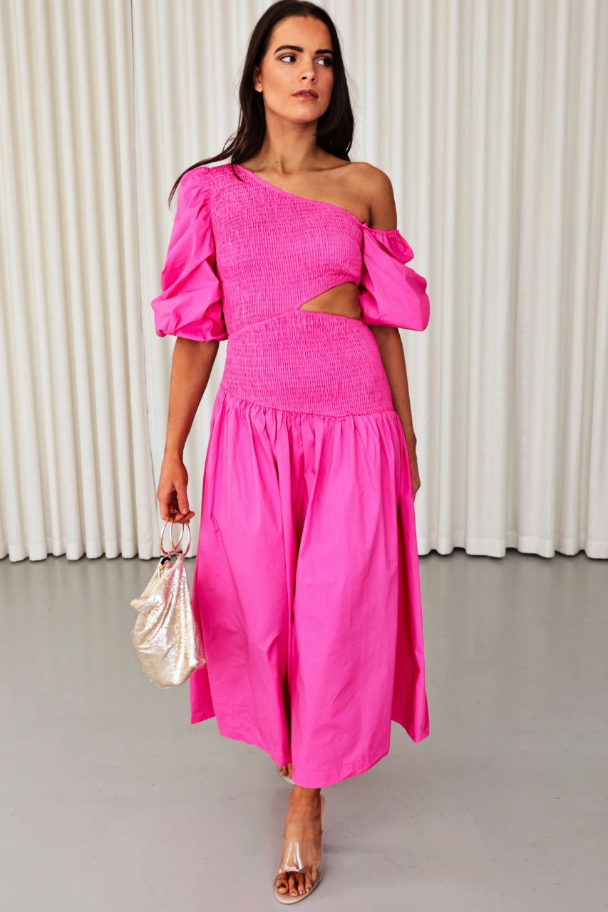 Prue Dress - Vibrant Pink One-Shoulder Dress with Puff Sleeves – MVE ...